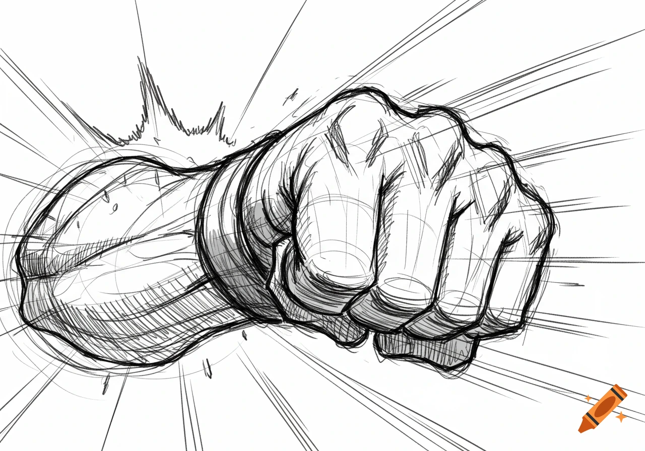 A black and white sketch of a fist punching forward with dynamic lines ...