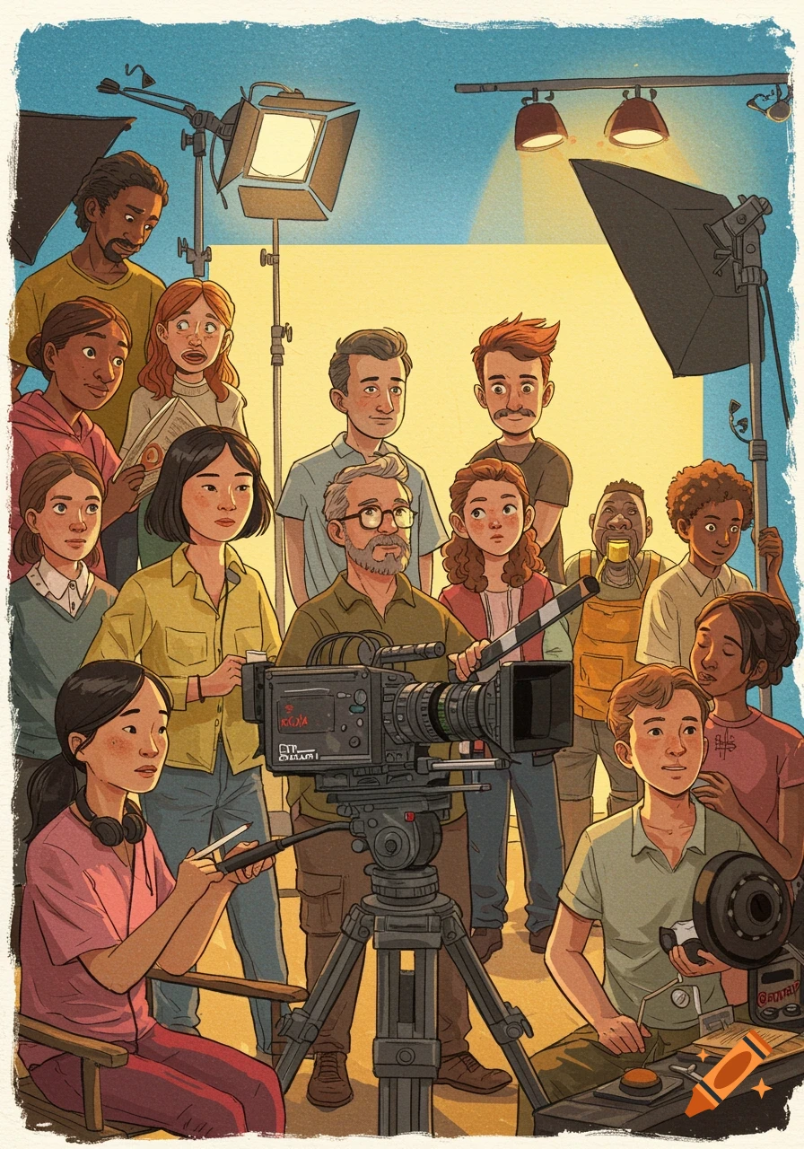 An illustration of a diverse film crew on a movie set, featuring a ...
