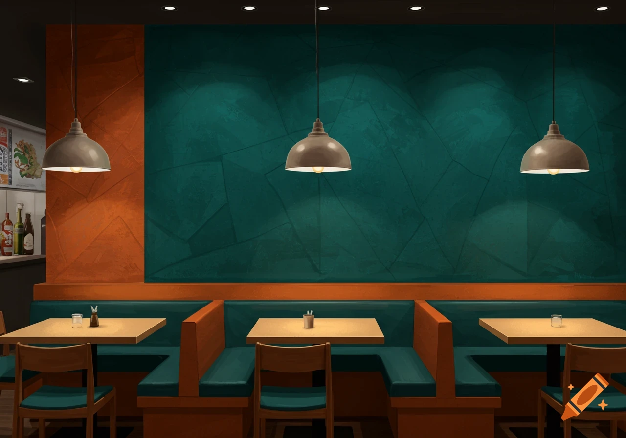 An empty restaurant interior with green booths, wooden tables, and ...