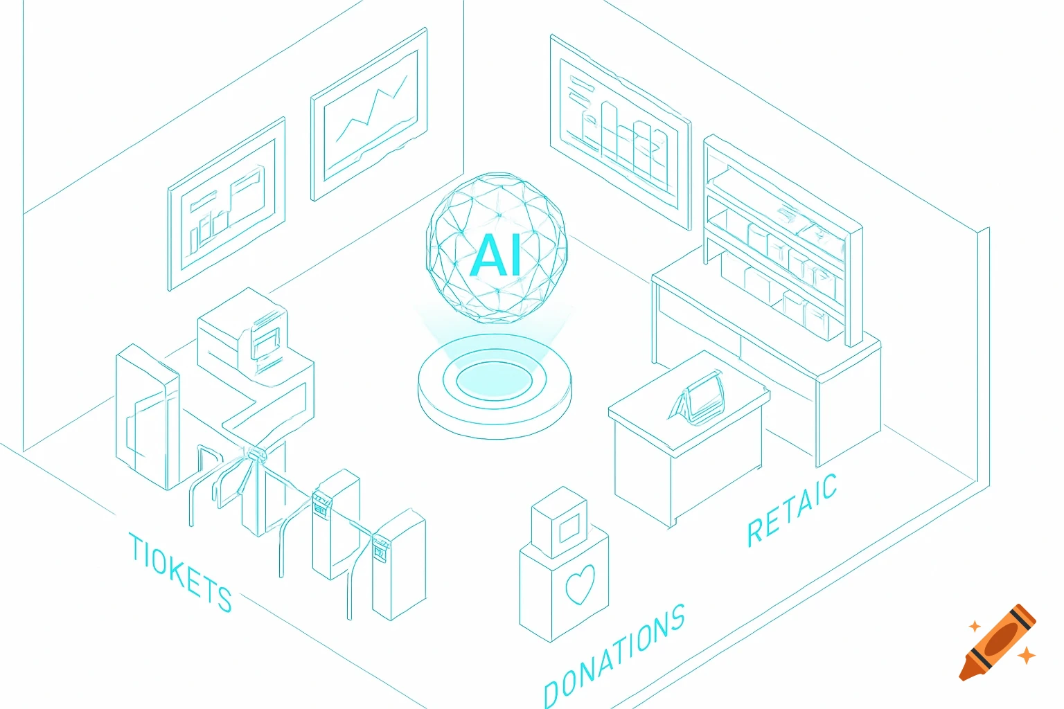 An isometric blueprint illustration of a technology command center with ...
