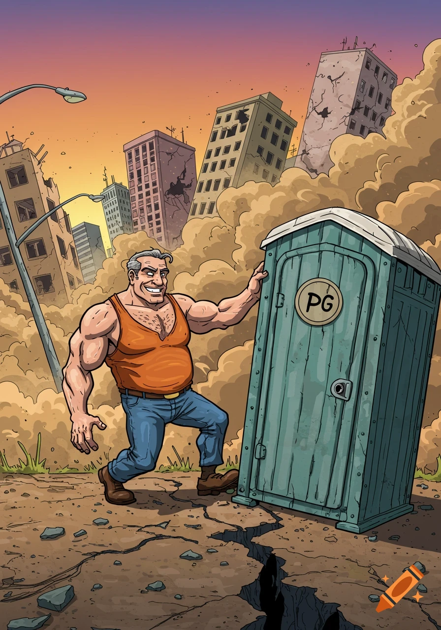 A muscular man in an orange tank top smiles next to a porta-potty with ...