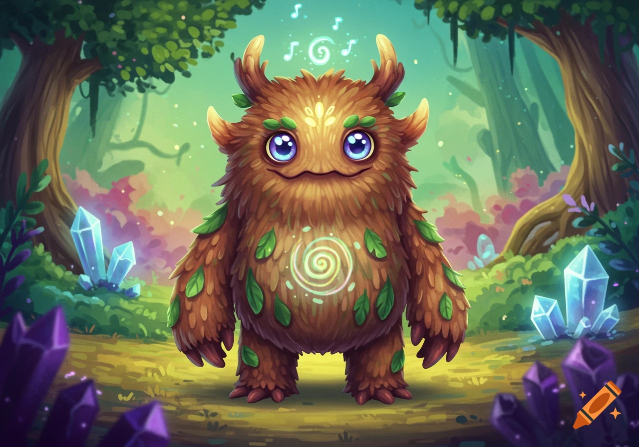 A cute, fluffy brown monster with leaves and horns stands in a magical ...
