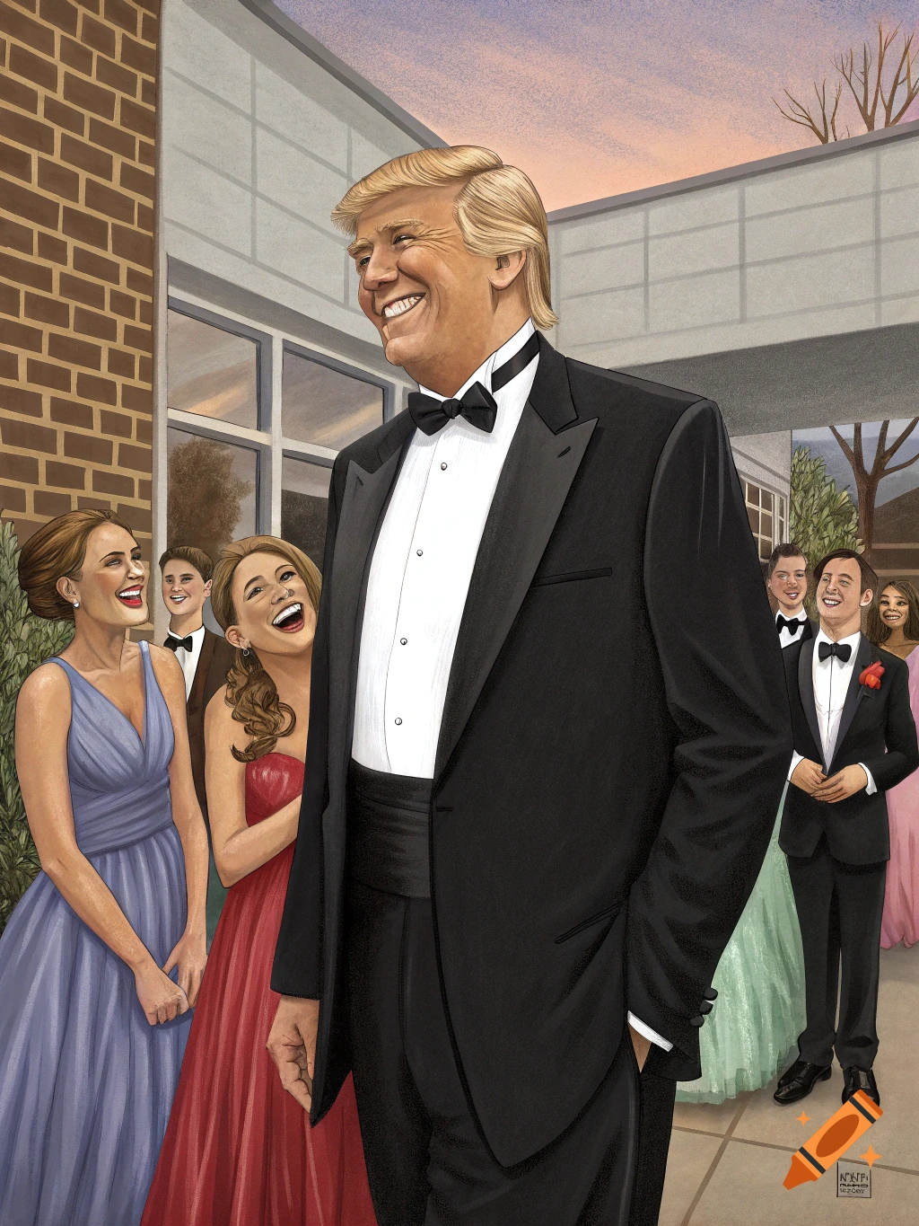 An illustration of Donald Trump in a tuxedo smiling at a prom ...