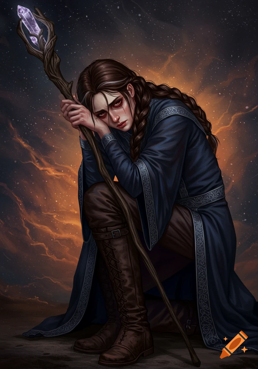 An exhausted female wizard in a blue robe kneels and leans on a crystal ...