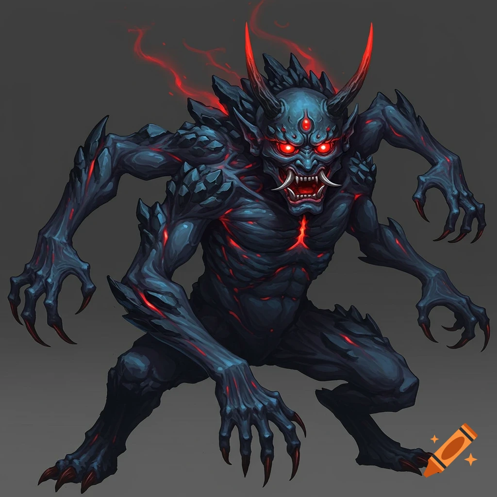 A dark blue horned monster with glowing red eyes, sharp teeth, and red cracks in its skin ...