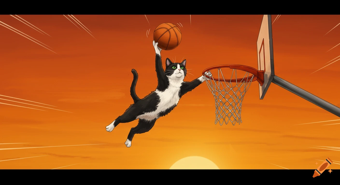A black and white cat slam dunking a basketball into a hoop against an ...