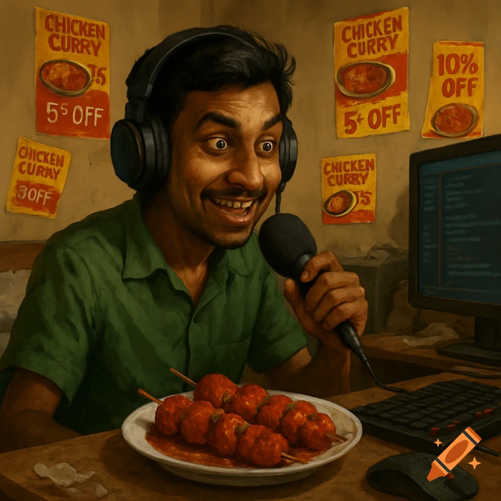 A man with headphones smiles wide while holding a microphone, with skewers of food on a plate in ...