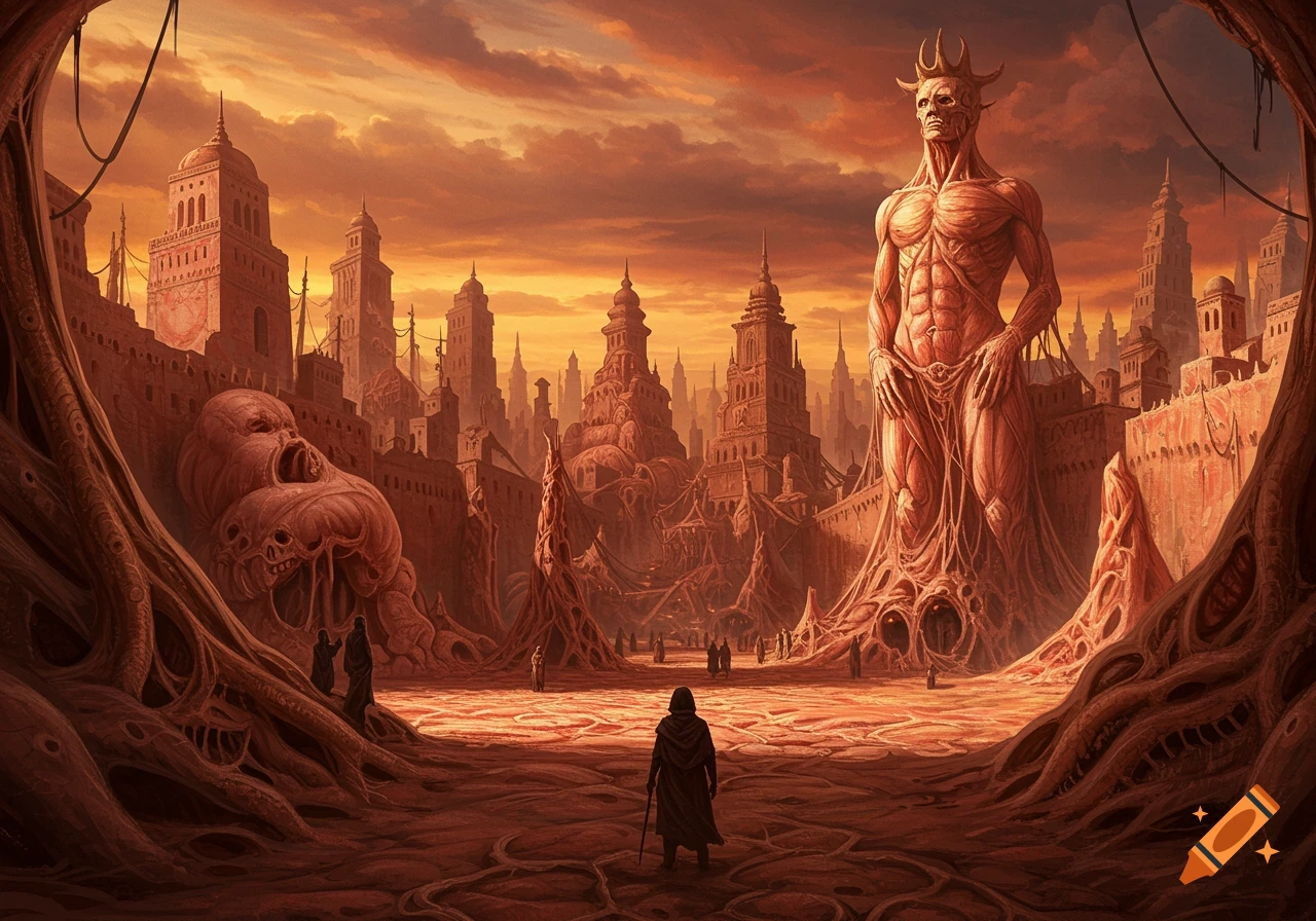 A dark fantasy cityscape with buildings and a colossal figure made of ...