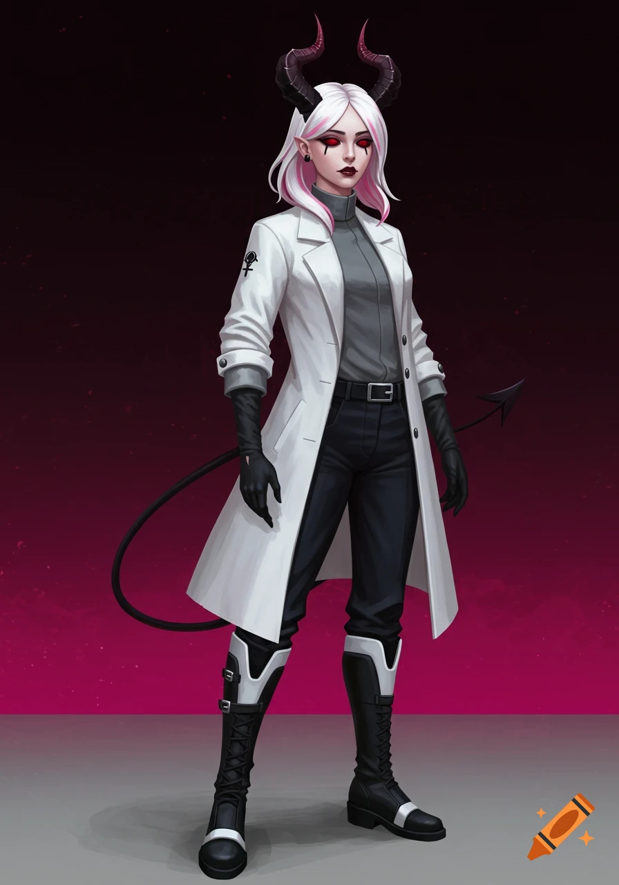 A stylized full-body portrait of a female demon character with white ...