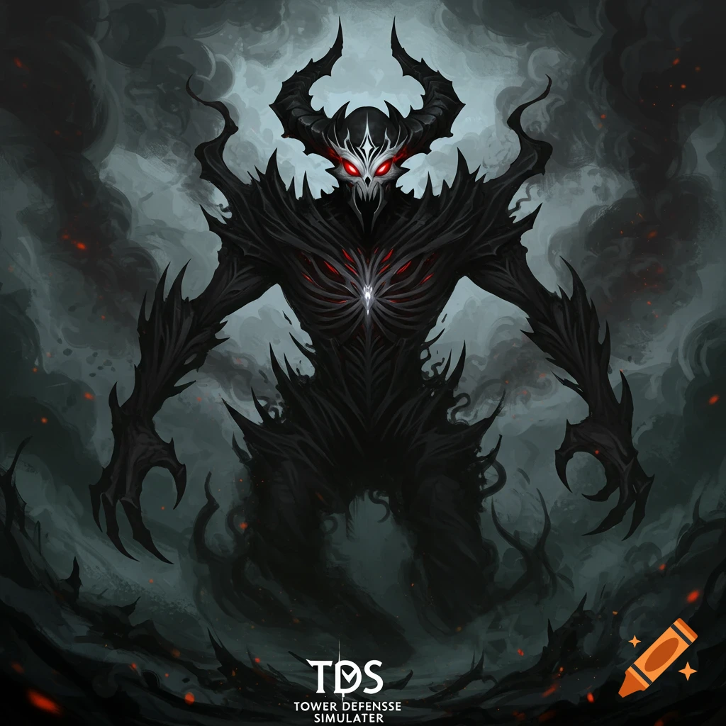 A dark, shadowy demonic figure with large horns, glowing red eyes, and a spiky, twisted body ...