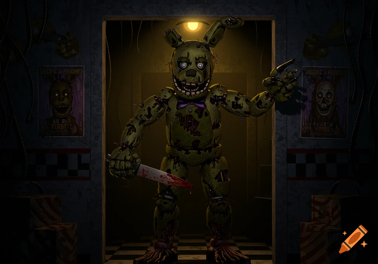 A decaying green animatronic rabbit, Springtrap, with a purple bow tie ...