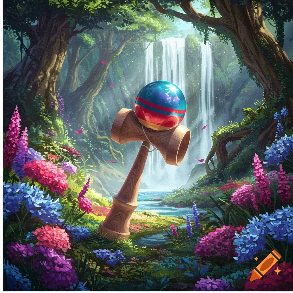 A colorful kendama toy stands in a lush fantasy forest with a flowing ...