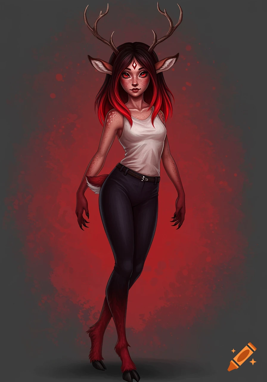 An illustrated red-skinned humanoid deer creature with antlers, red ...
