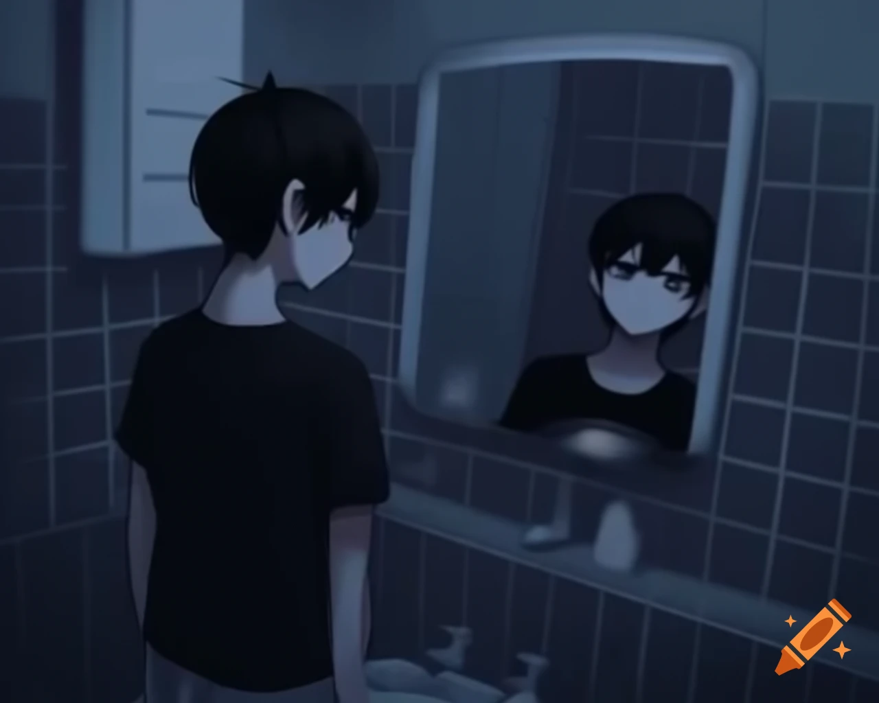 Anime character with black hair in dark bathroom, OMORI art style on ...