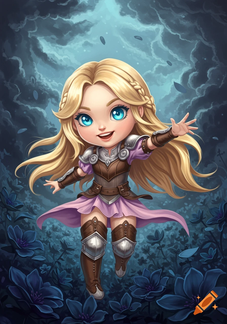 A cute blonde chibi girl in fantasy armor smiles and reaches out amidst ...