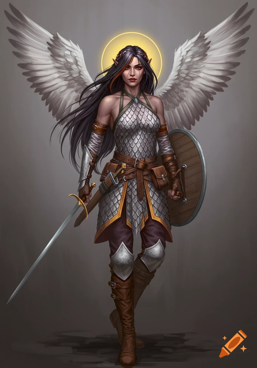 A full-body digital painting of a female Aasimar cleric with long dark hair, white angelic wings ...