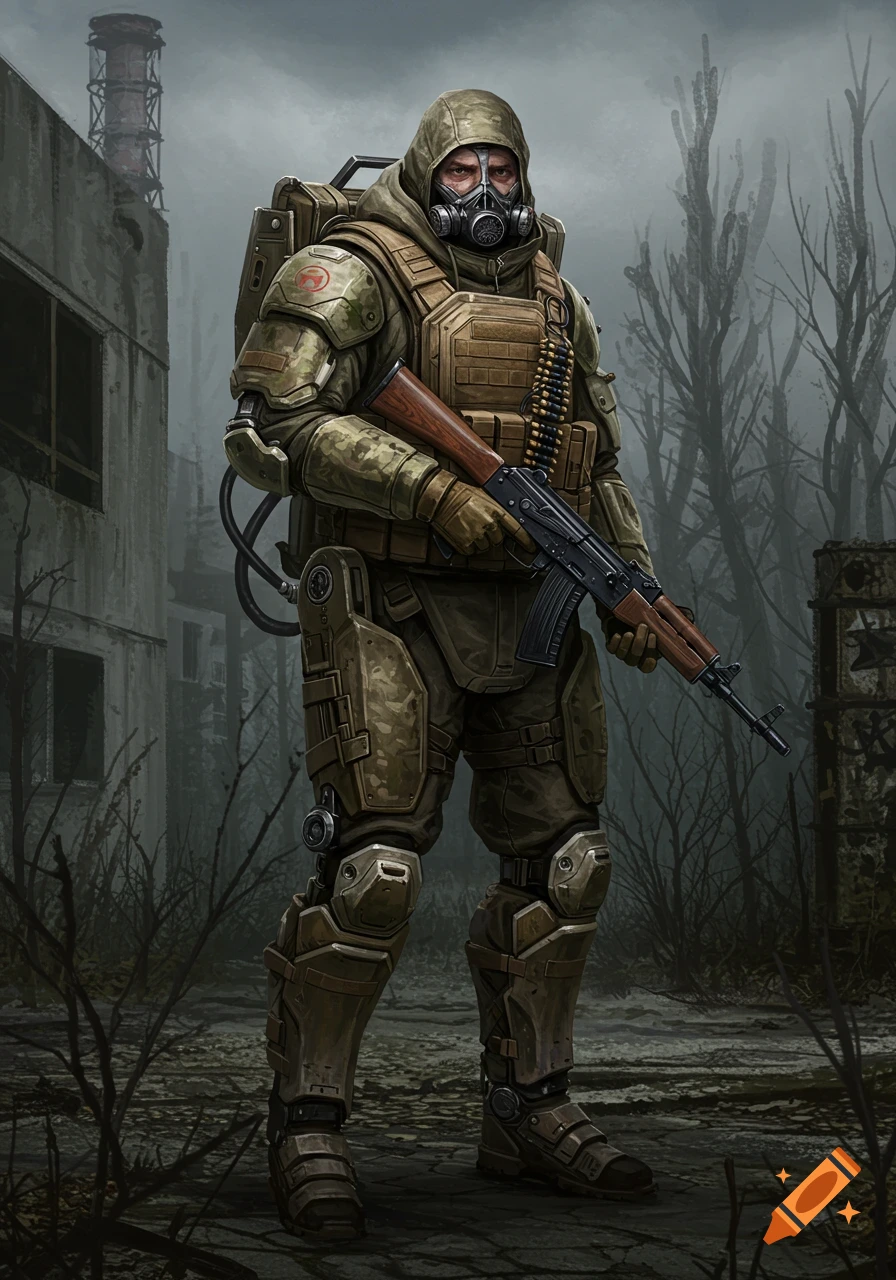 Full-body illustration of a rugged stalker in a bulky exoskeleton suit ...