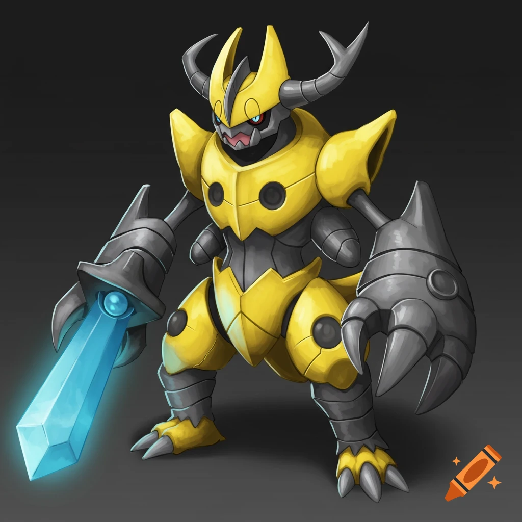 A yellow and grey armored beetle-like creature, resembling a Pokémon ...