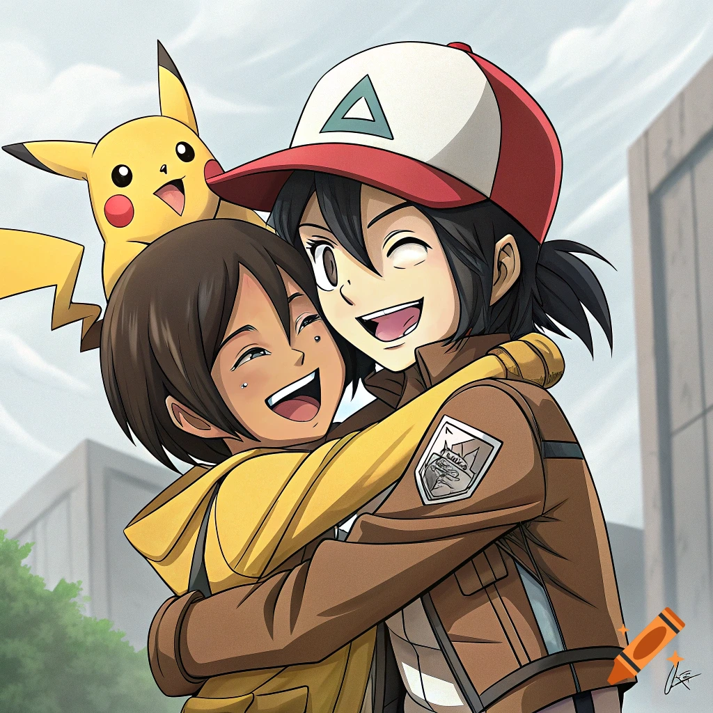 Ash Ketchum and Mikasa Ackerman hug and smile with Pikachu in an anime ...