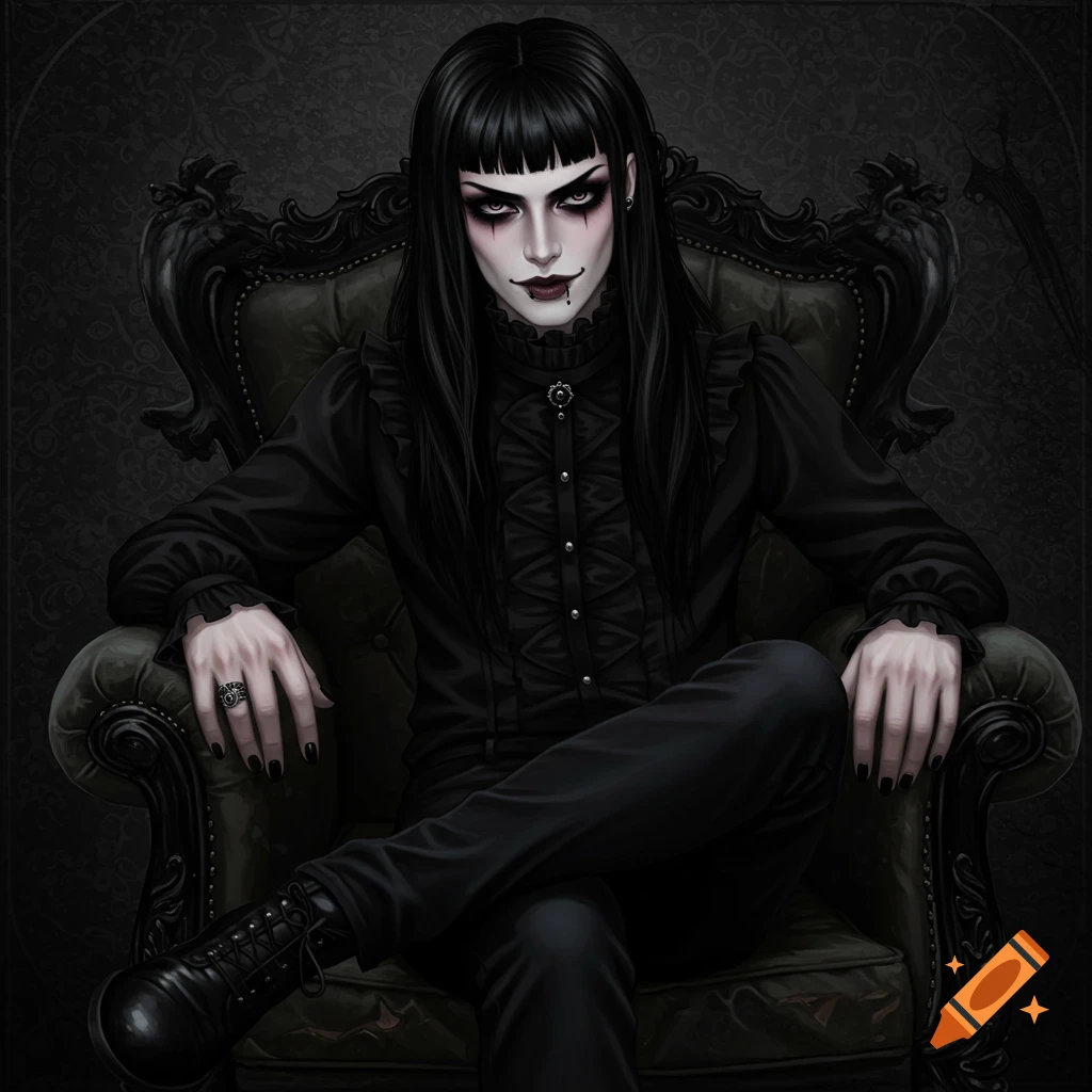 A striking goth person with long black hair and dark makeup sits in an ...
