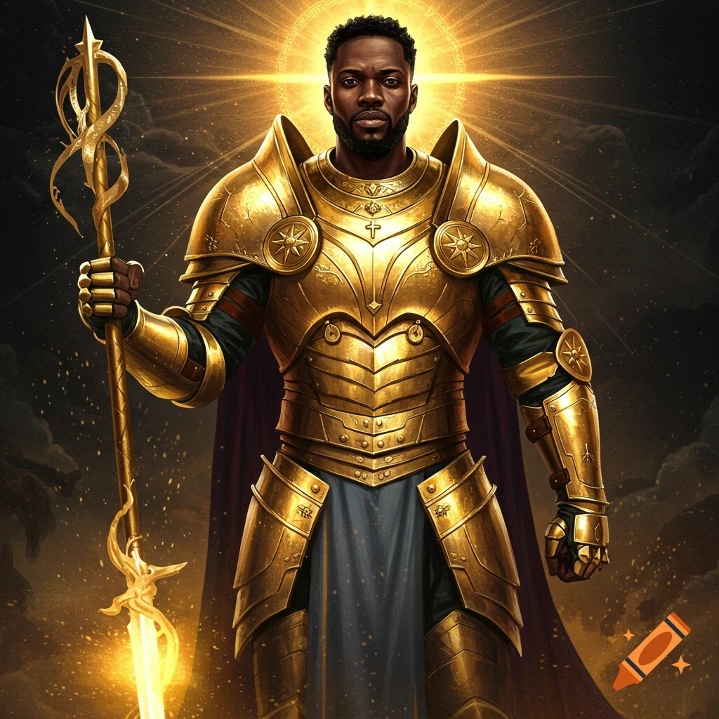 A stoic Black man in ornate golden armor holds a glowing staff against ...