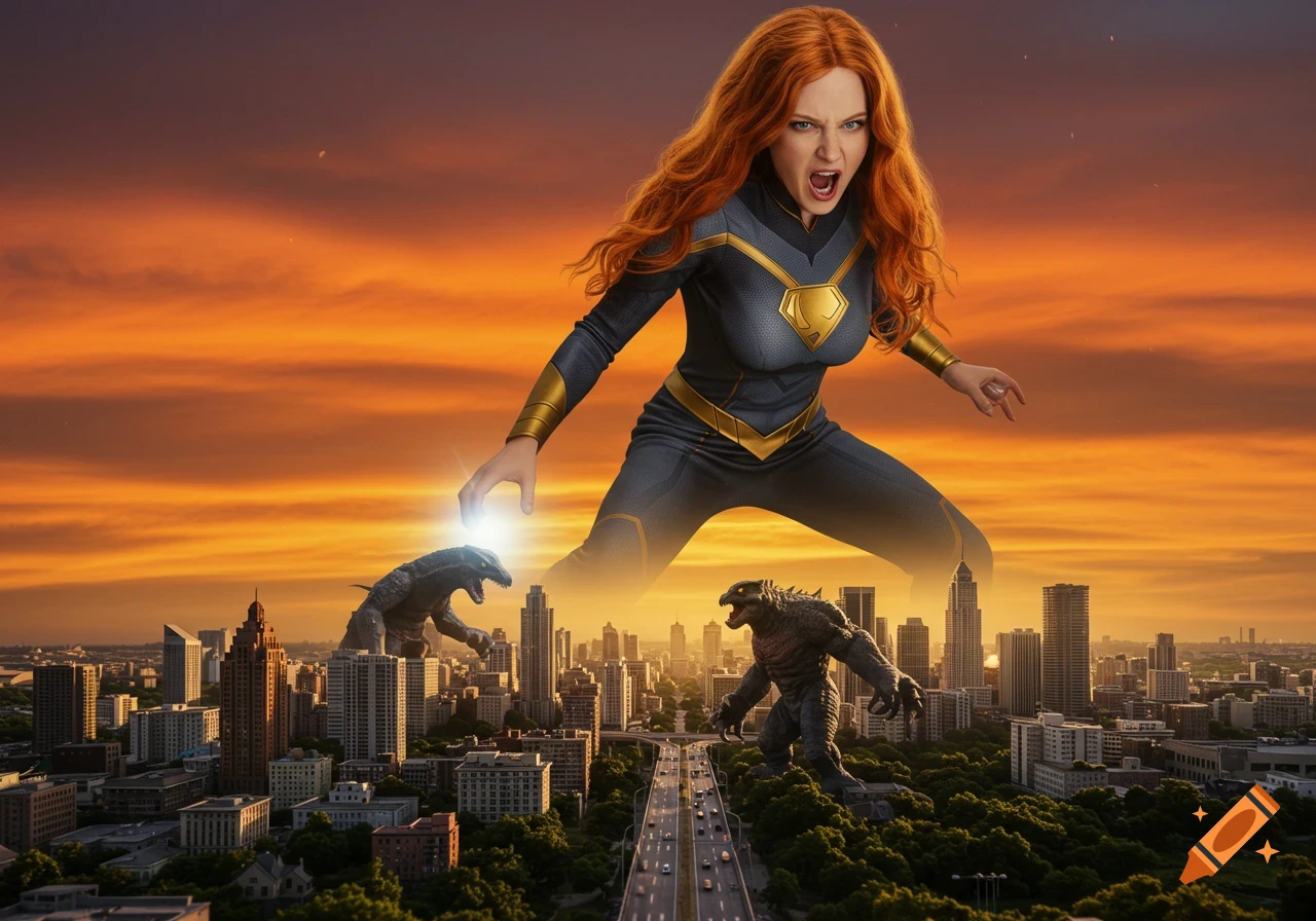 A giant redhead superheroine in a dark and gold suit stands over a city ...