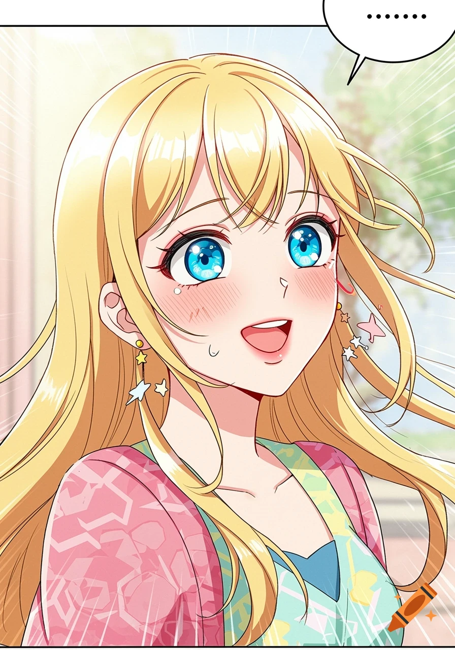 Close-up of a blonde girl with blue eyes and blush marks, smiling, in a ...