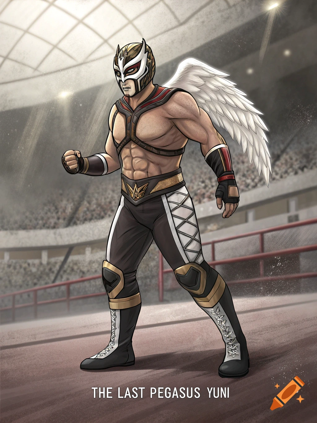 Illustrated masked male wrestler with white wings posing in a wrestling ...