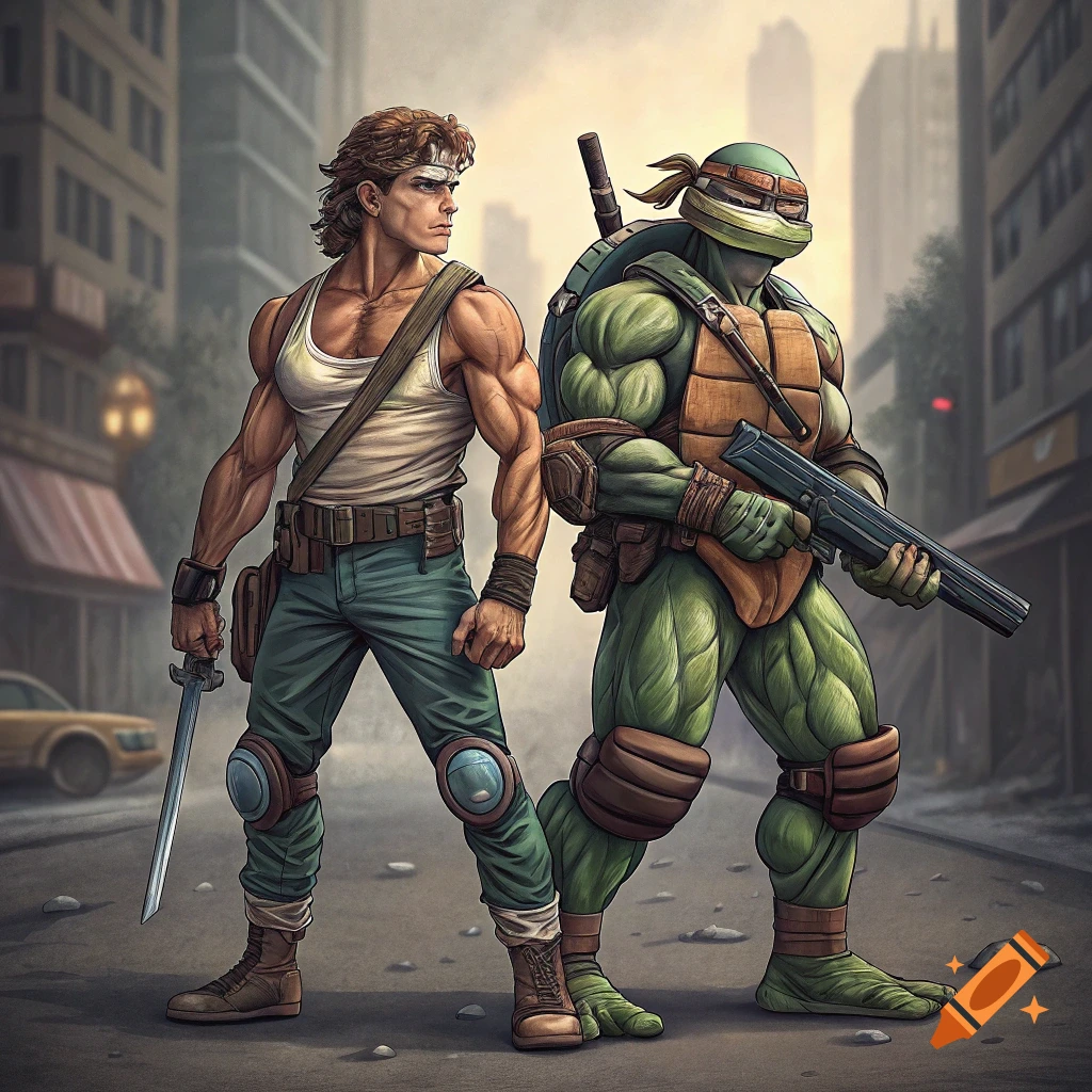 A muscular man with a sword stands next to a green turtle-like figure ...