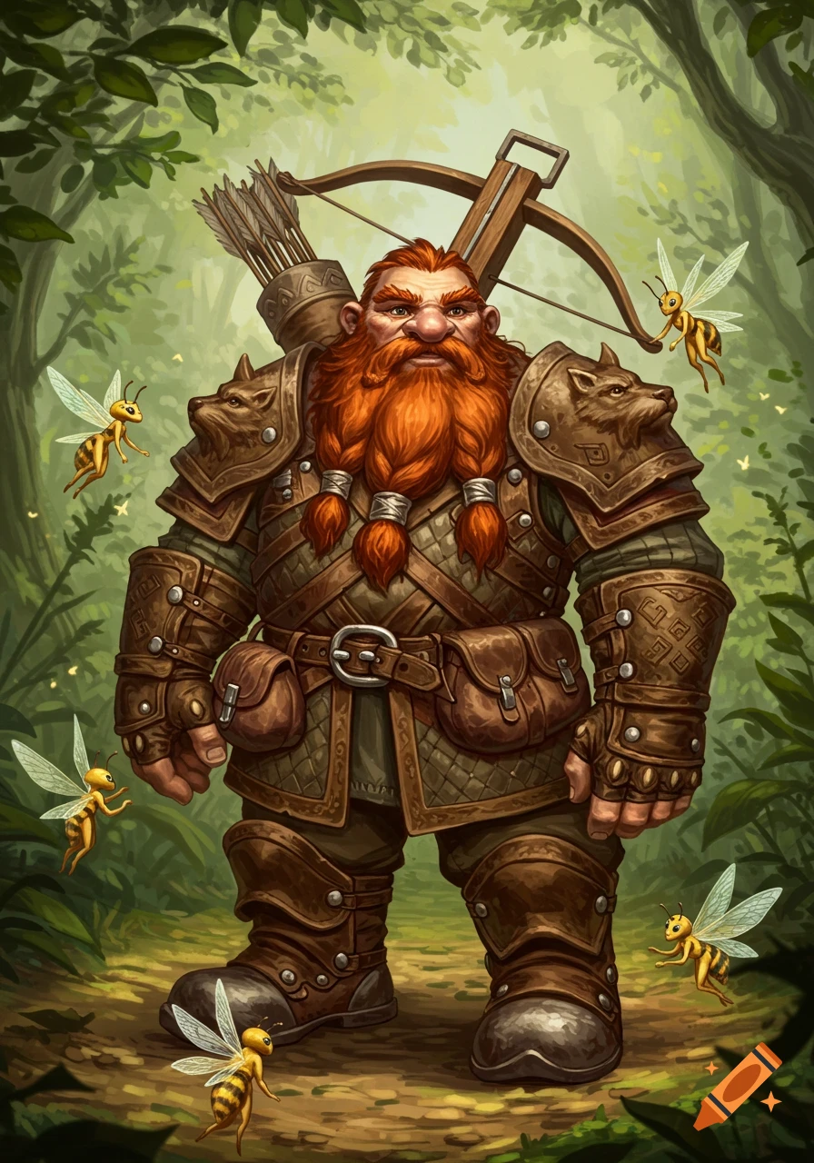 A dwarf ranger with a red beard, wearing leather armor and carrying a ...
