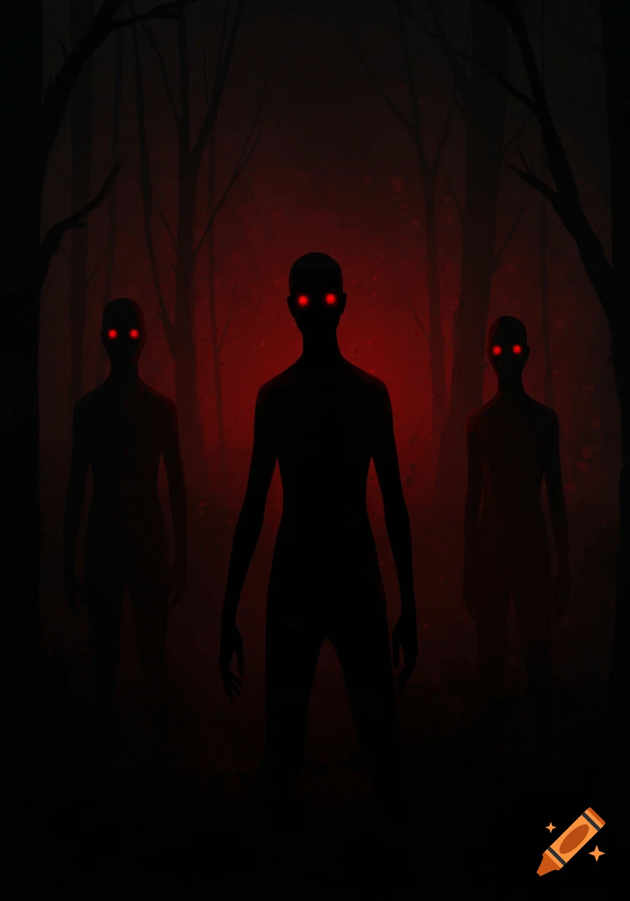 Three shadowy figures with glowing red eyes stand in a dark, red-lit forest. on Craiyon