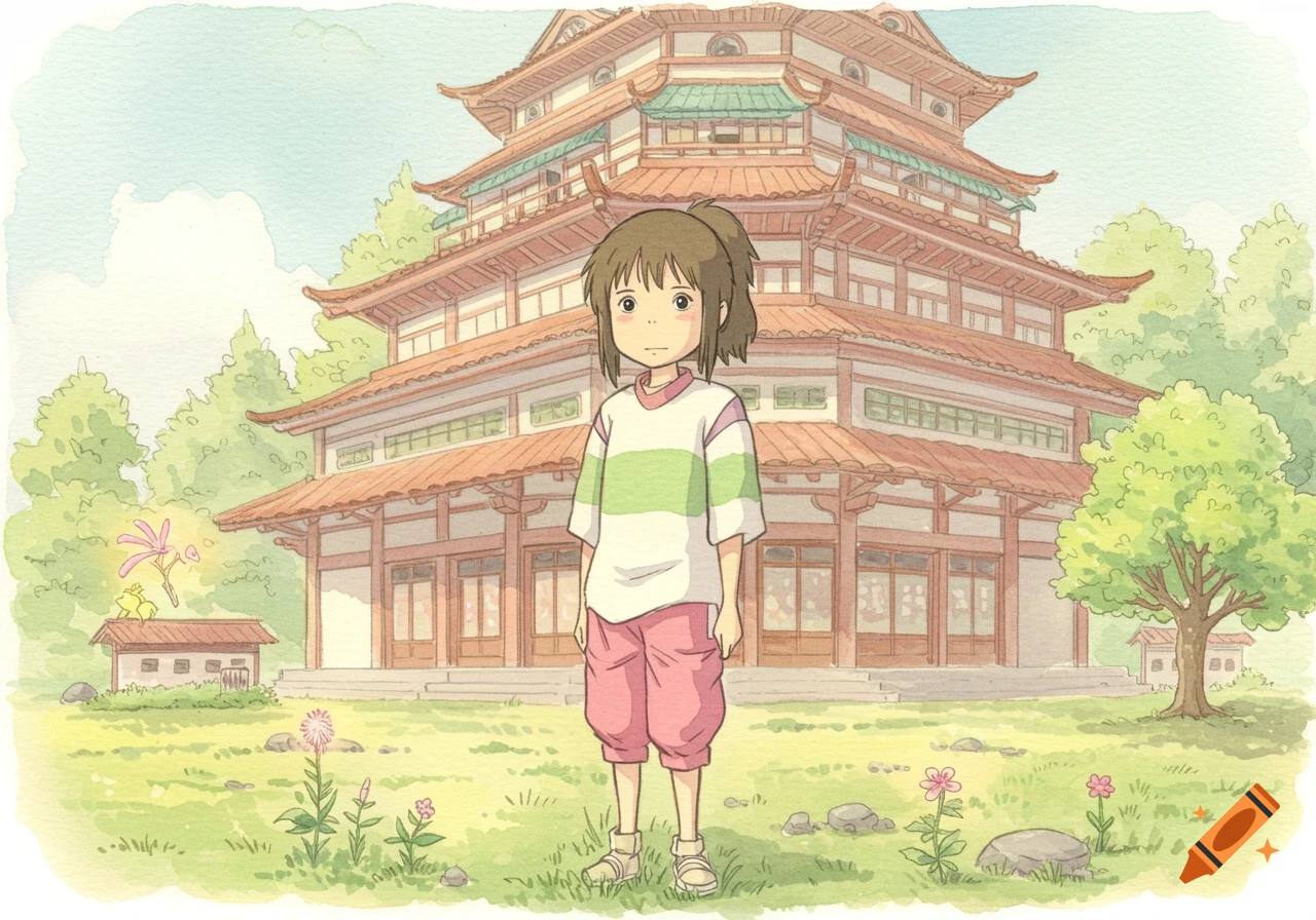 Chihiro from Spirited Away stands in front of the bathhouse in a soft ...