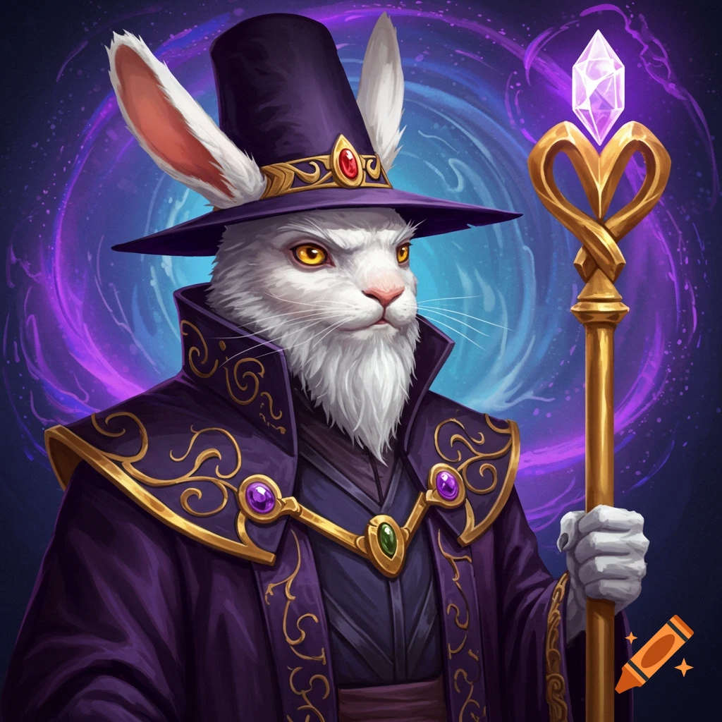 A stoic anthropomorphic white rabbit magician in a purple robe and hat ...