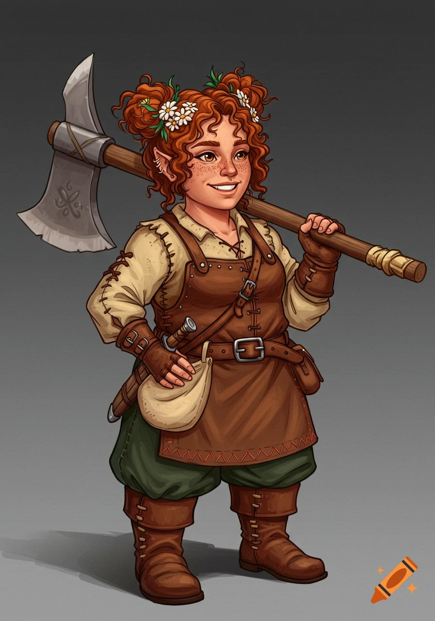 A cheerful halfling barbarian with red curly hair and freckles, holding ...