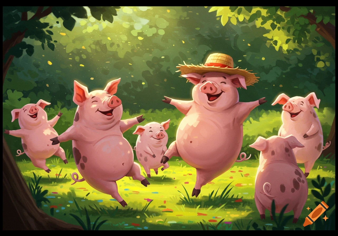 Happy cartoon pigs dance in a sunlit forest clearing, one wearing a ...