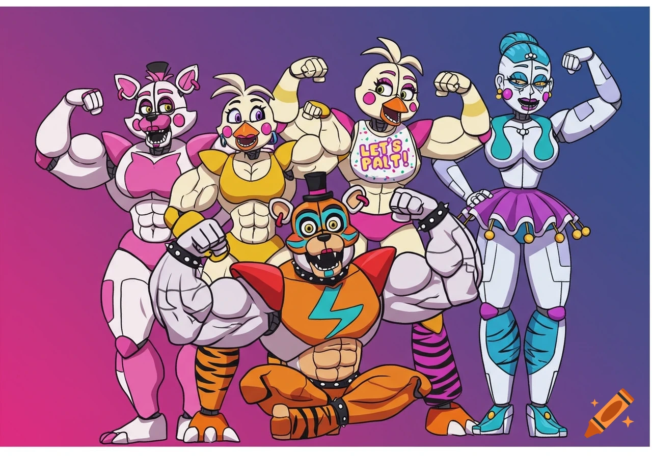 Cartoon illustration of five muscular Five Nights at Freddy's ...