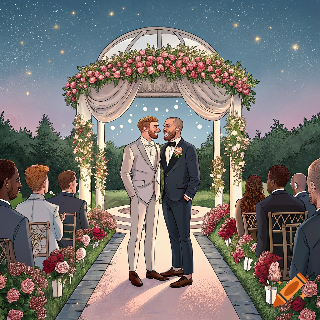 Two grooms in suits smile under a floral arch at an outdoor wedding ...