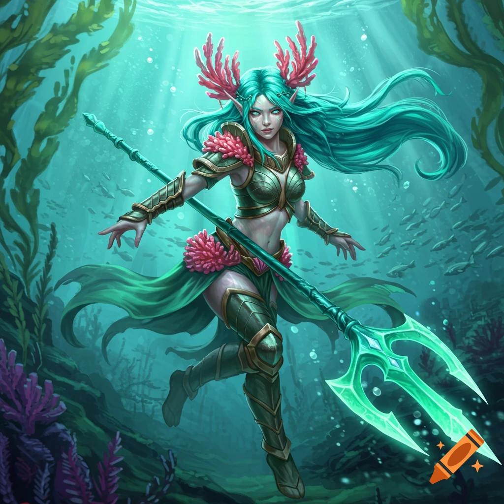 A fantasy illustration of a female sea elf warrior with a trident ...
