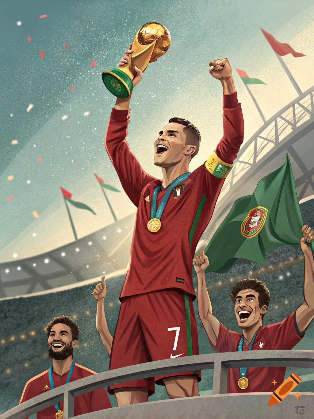 Illustration of Cristiano Ronaldo in a red uniform, celebrating with other soccer players in a ...