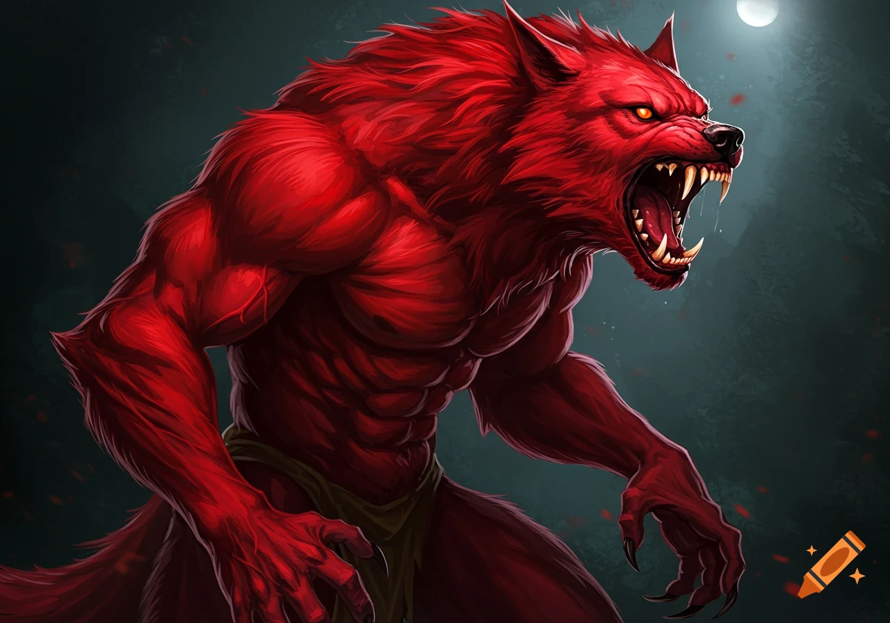A realistic, red-furred werewolf stands on two legs, growling with ...