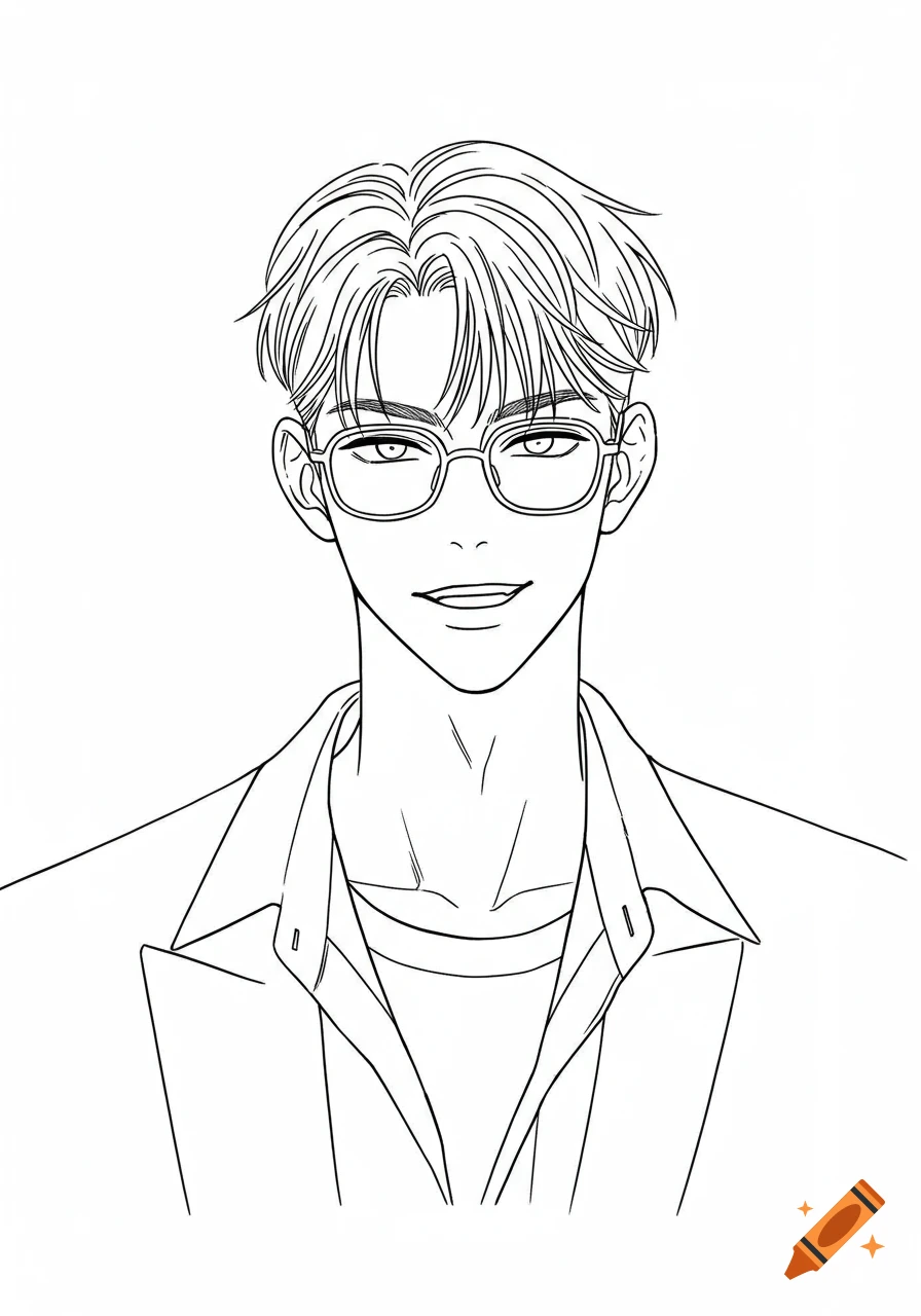 Line art portrait of a man in manhwa style, wearing glasses and ...