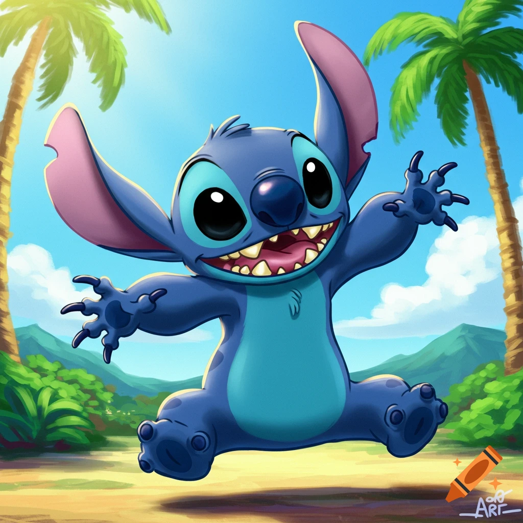A happy, jumping cartoon Stitch with arms outstretched, against a blue ...