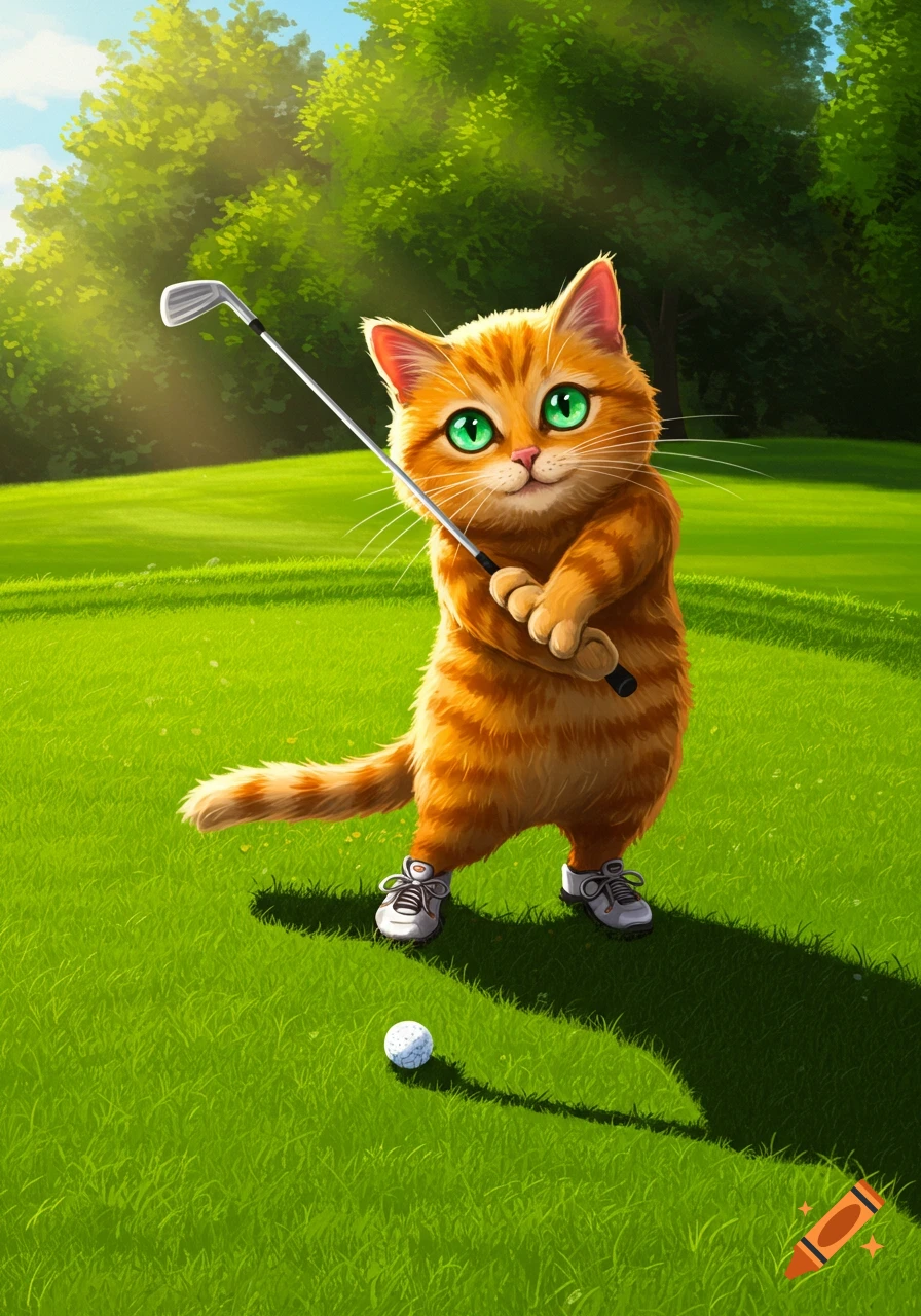 An orange cartoon cat with large green eyes holds a golf club on a ...