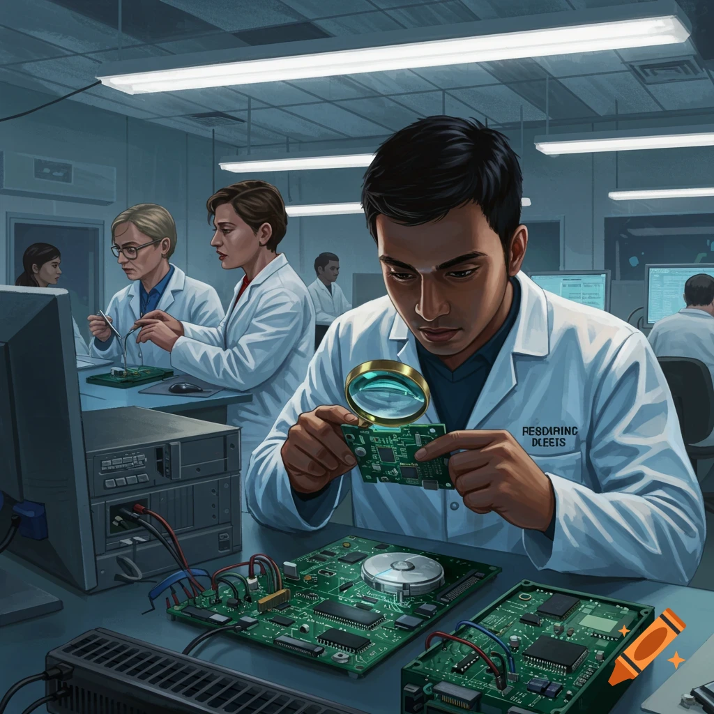Scientists in lab coats examining computer circuit boards and ...
