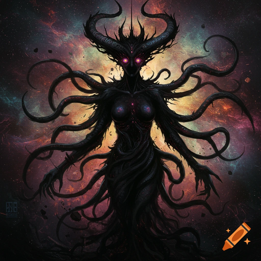 A dark, horned eldritch horror creature with glowing purple eyes and ...