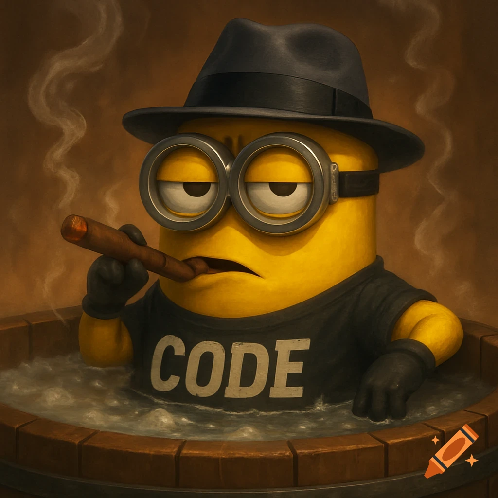 A cartoon Minion in a fedora and a 'CODE' shirt sits in a hot tub ...