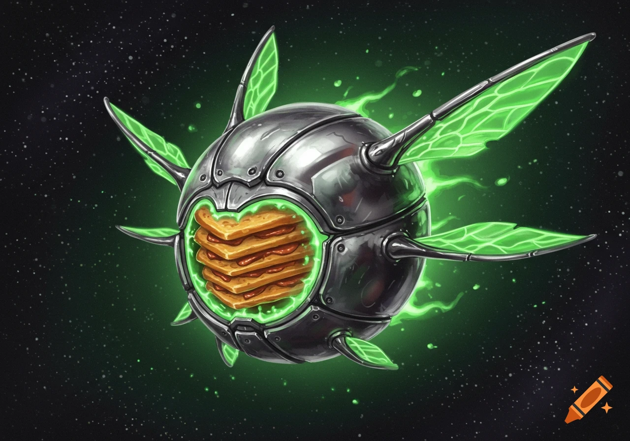 A chrome-plated spherical creature with glowing green fins and a core ...