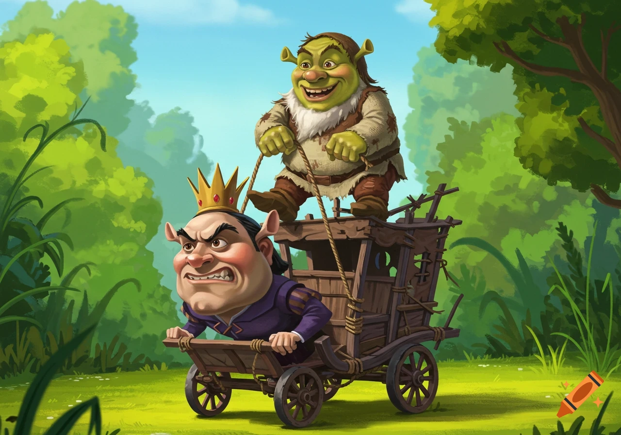 A cartoon image of a smiling, bearded Shrek-like ogre riding atop a ...