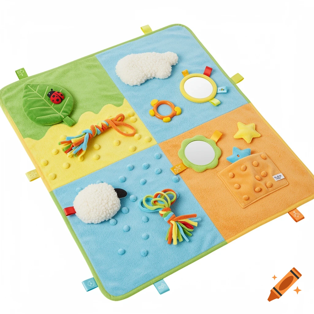 A colorful, patchwork baby play mat featuring a green leaf with a ladybug, a yellow section with ...