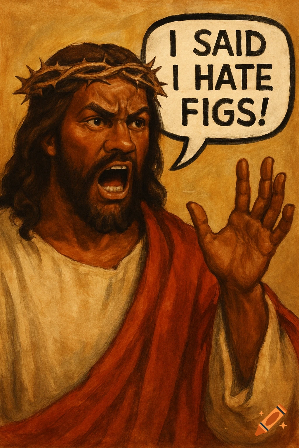 Illustrated painting of a brown Jesus yelling 'I SAID I HATE FIGS ...